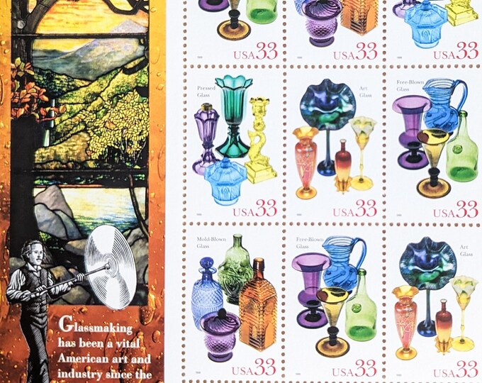 American Glass Unused Postage Stamp Sheet, 1998, Fifteen 33 Cent Stamps ...