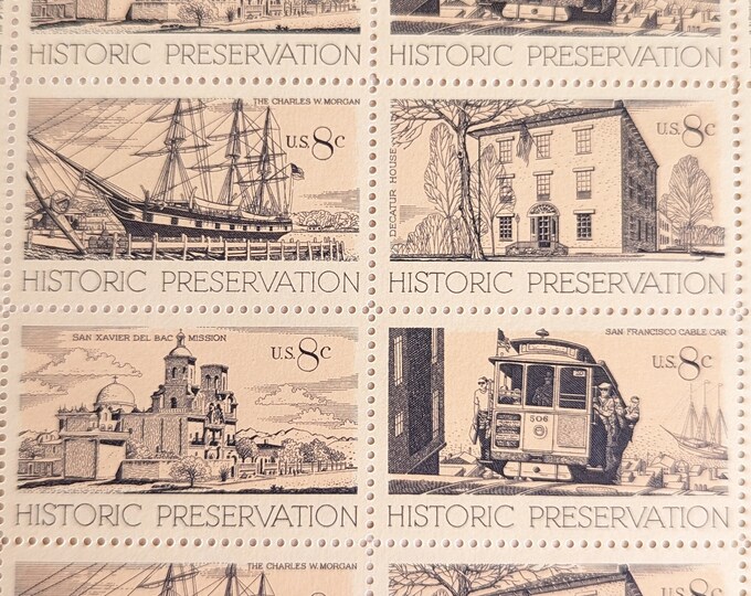 Sheet of 32 Historic Preservation 1971 US Stamps, 8 Cent Stamps, Trolly ...