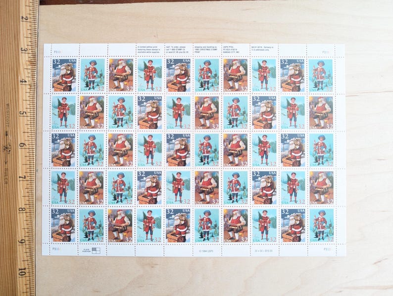Sheet of 50 Victorian Santa Holiday Greetings Stamps, 32 Cent Unused US ...