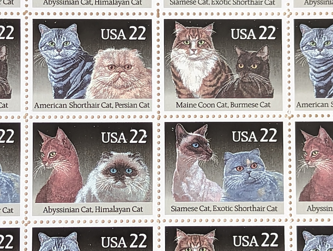 Sheet of 40 Cat Stamps, Amer. Shorthair, Persian, Abyssinian, Himalayan ...