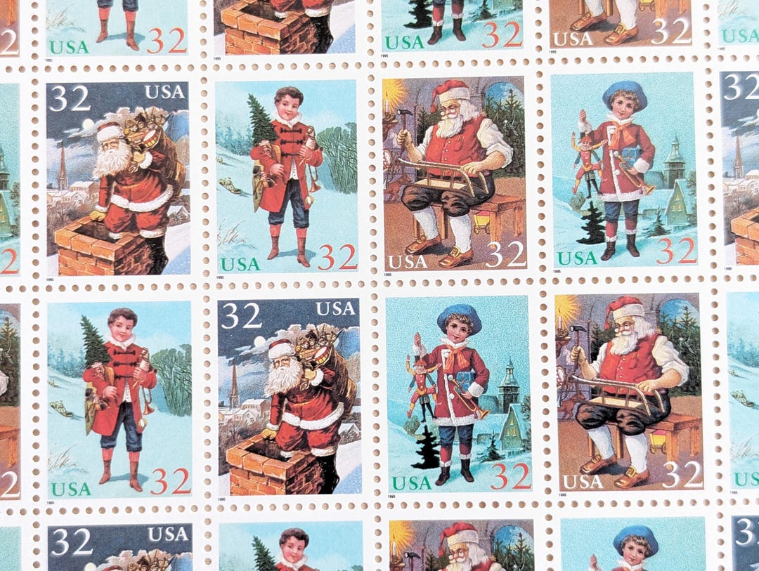 Sheet of 50 Victorian Santa Holiday Greetings Stamps, 32 Cent Unused US ...