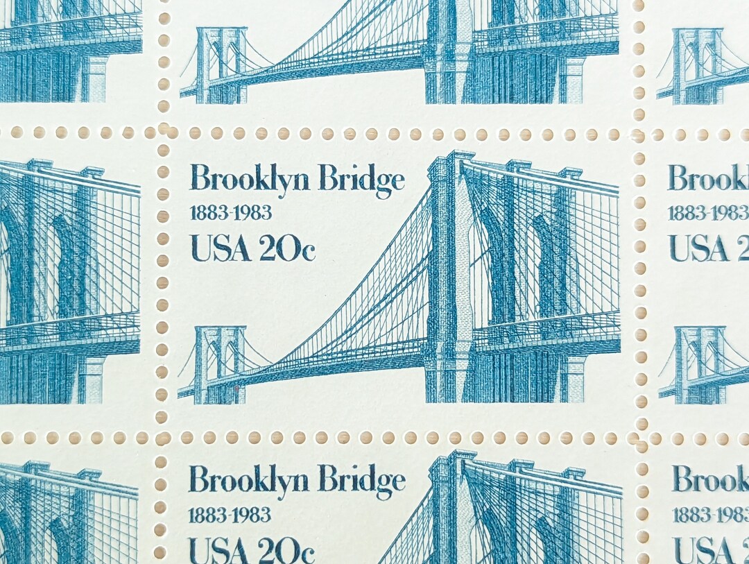 Sheet of 50 Brooklyn Bridge Stamps, 1983 US Postage Stamps, 20 Cents ...