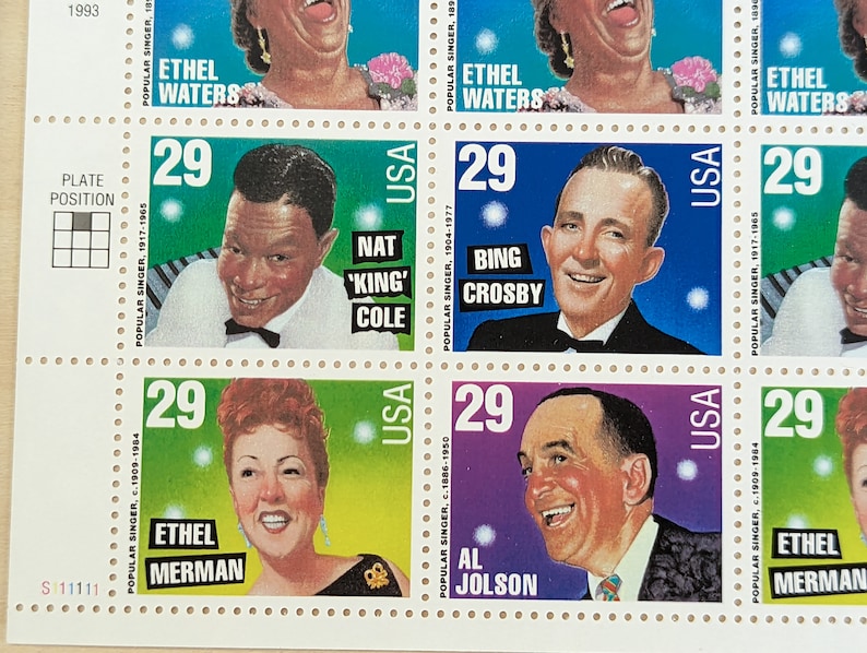 Sheet of Twenty Popular Singers 29 Cent Stamps, 1993, Ethel Merman, Nat ...