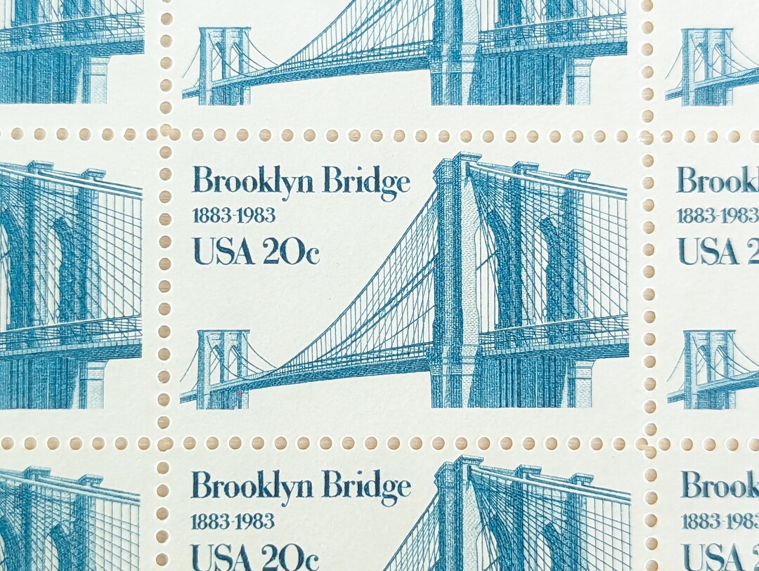 Sheet of 50 Brooklyn Bridge Stamps, 1983 US Postage Stamps, 20 Cents ...