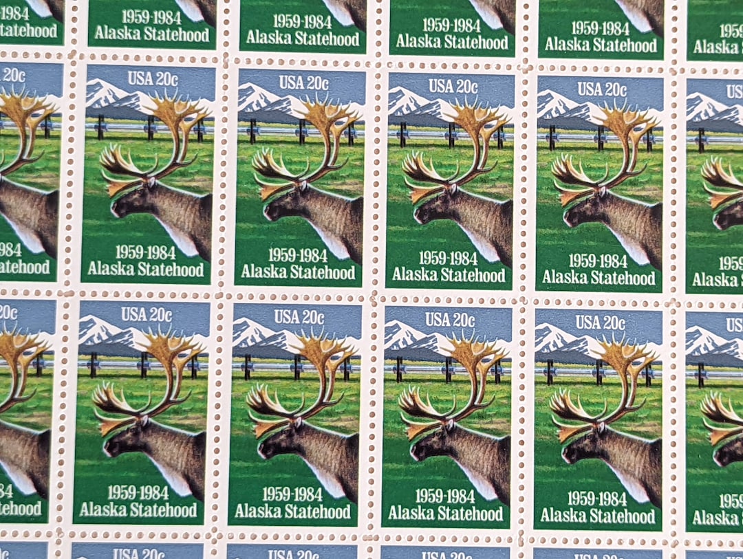 Sheet of 50 Alaska Postage Stamps, 20 Cent Stamps, 1984, Alaska ...