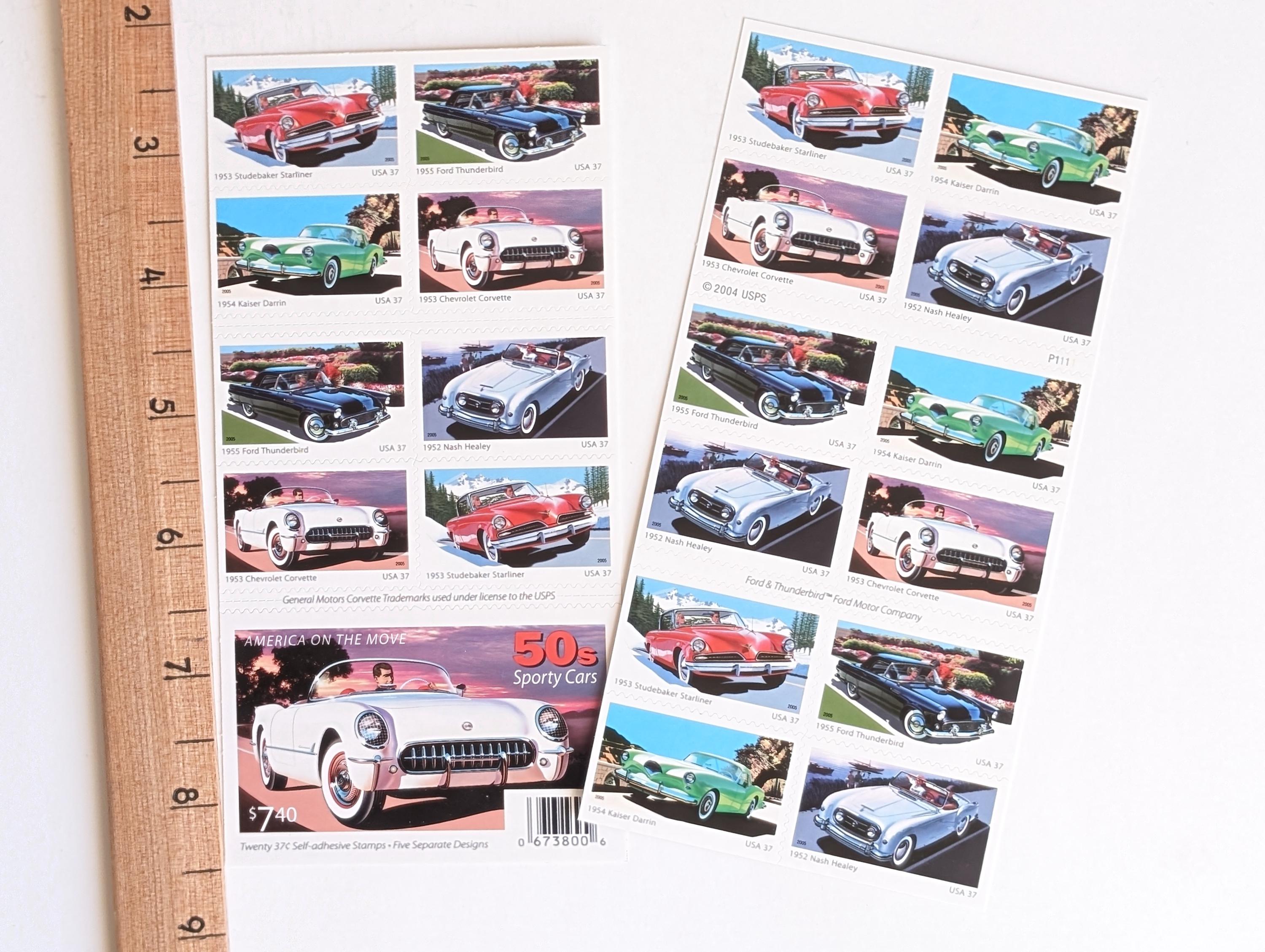 Sheet of 20 50s Sporty Cars Stamps, Vintage Unused USPS 37 Cent Stamps ...