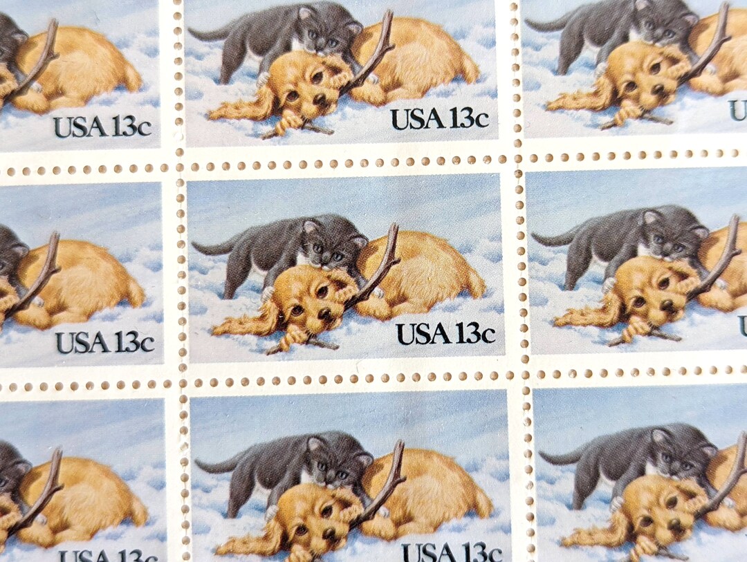 Sheet of 50 Kitten and Puppy Postage Stamps, 13 Cent Stamps, 1982, Cat ...