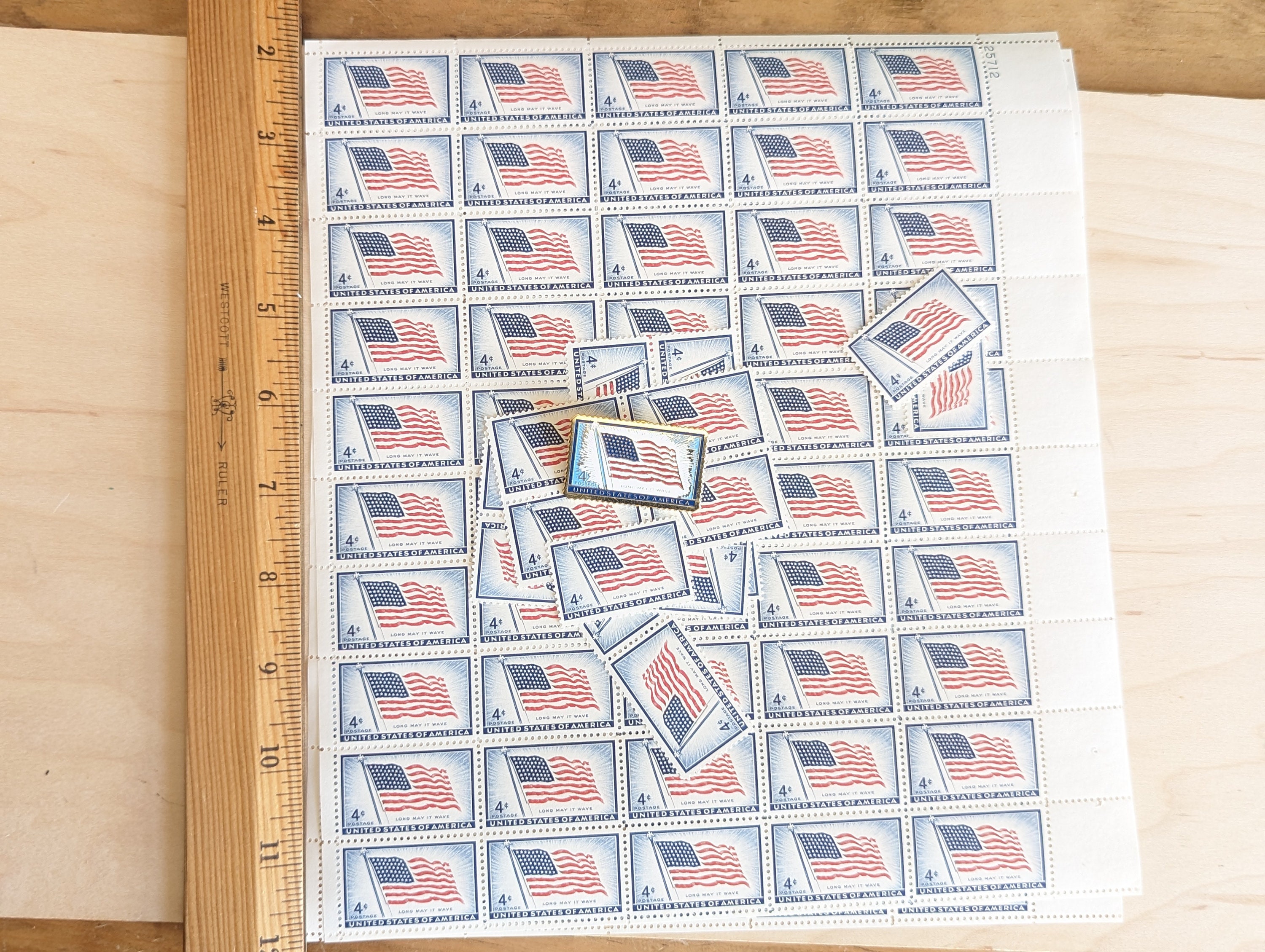 4 Cent Flag Stamp, 1957 Unused US Postage, Set of 10 Stamps, Sheet of ...