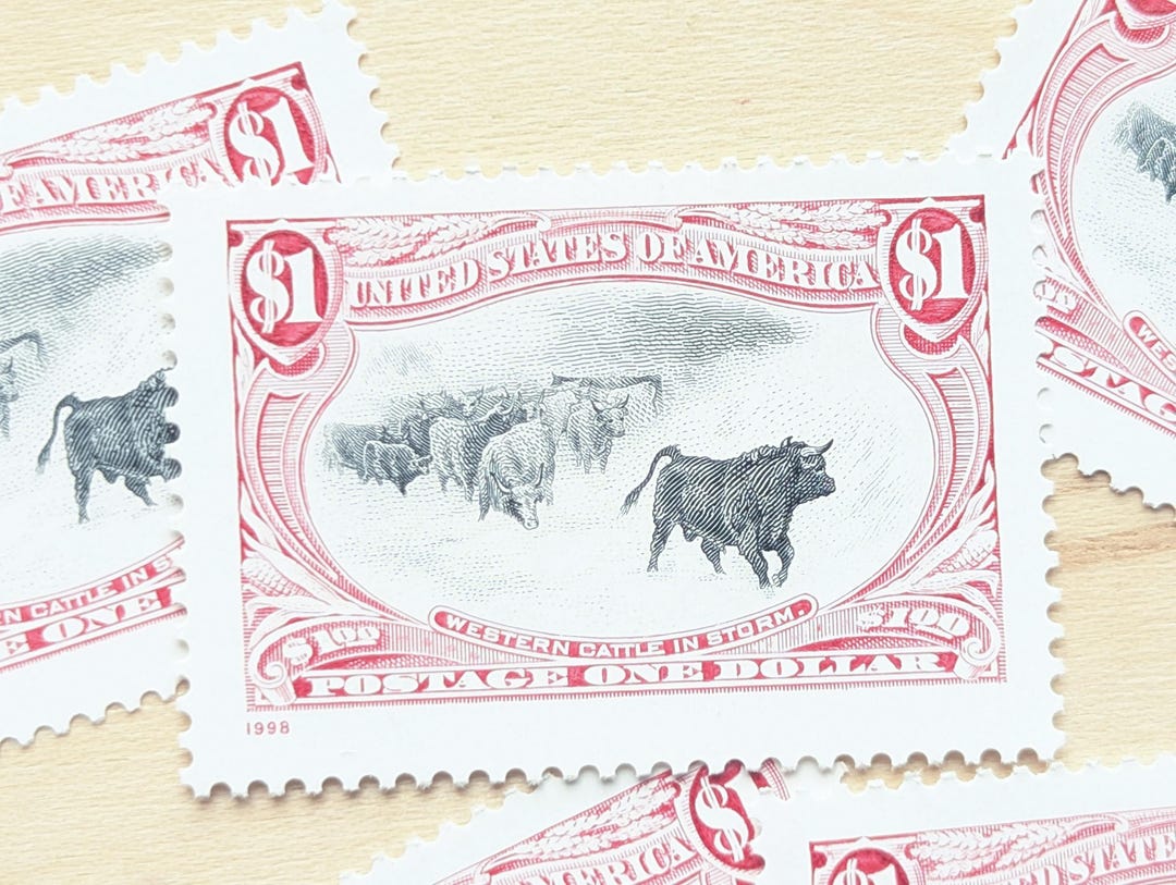 5 Western Cattle in Storm Stamps, Vintage Unused USPS 1 Dollar Postage ...