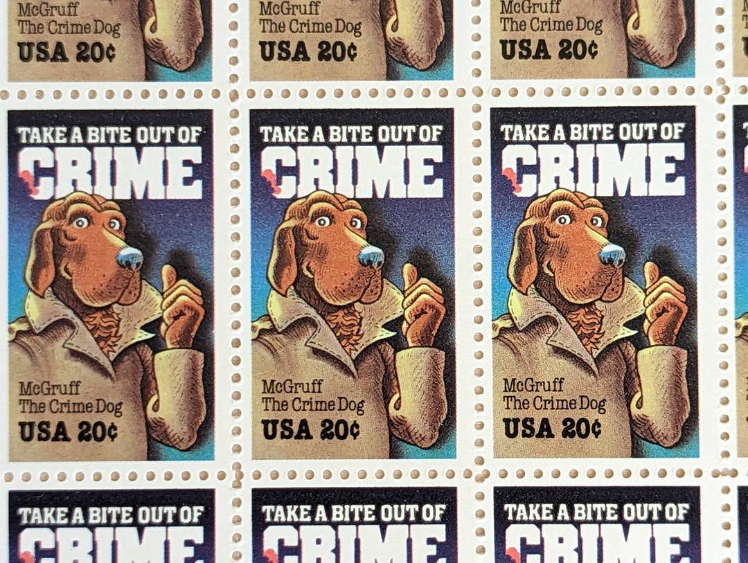 Sheet of 50 Crime Dog Postage Stamps, 20 Cent Stamps, 1984, Take a Bite ...