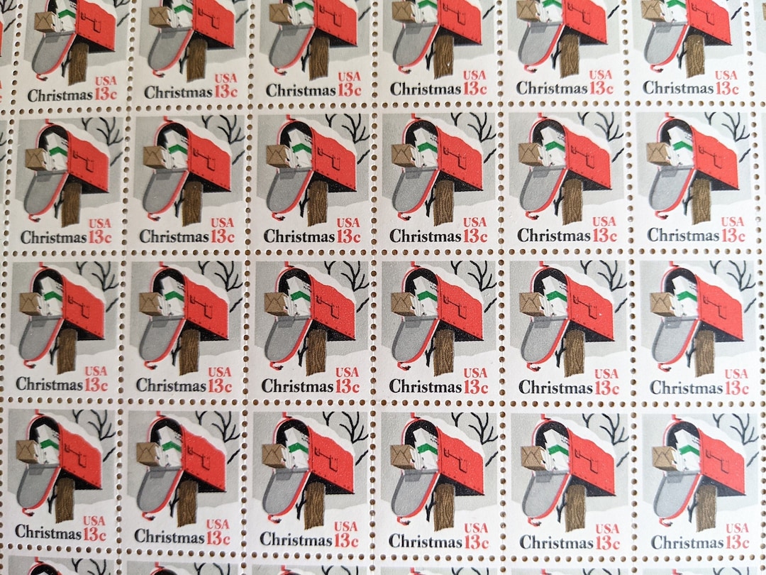 Sheet of 100 Christmas Mailbox Stamps, 1977 US Postage Stamps, 13 Cents ...