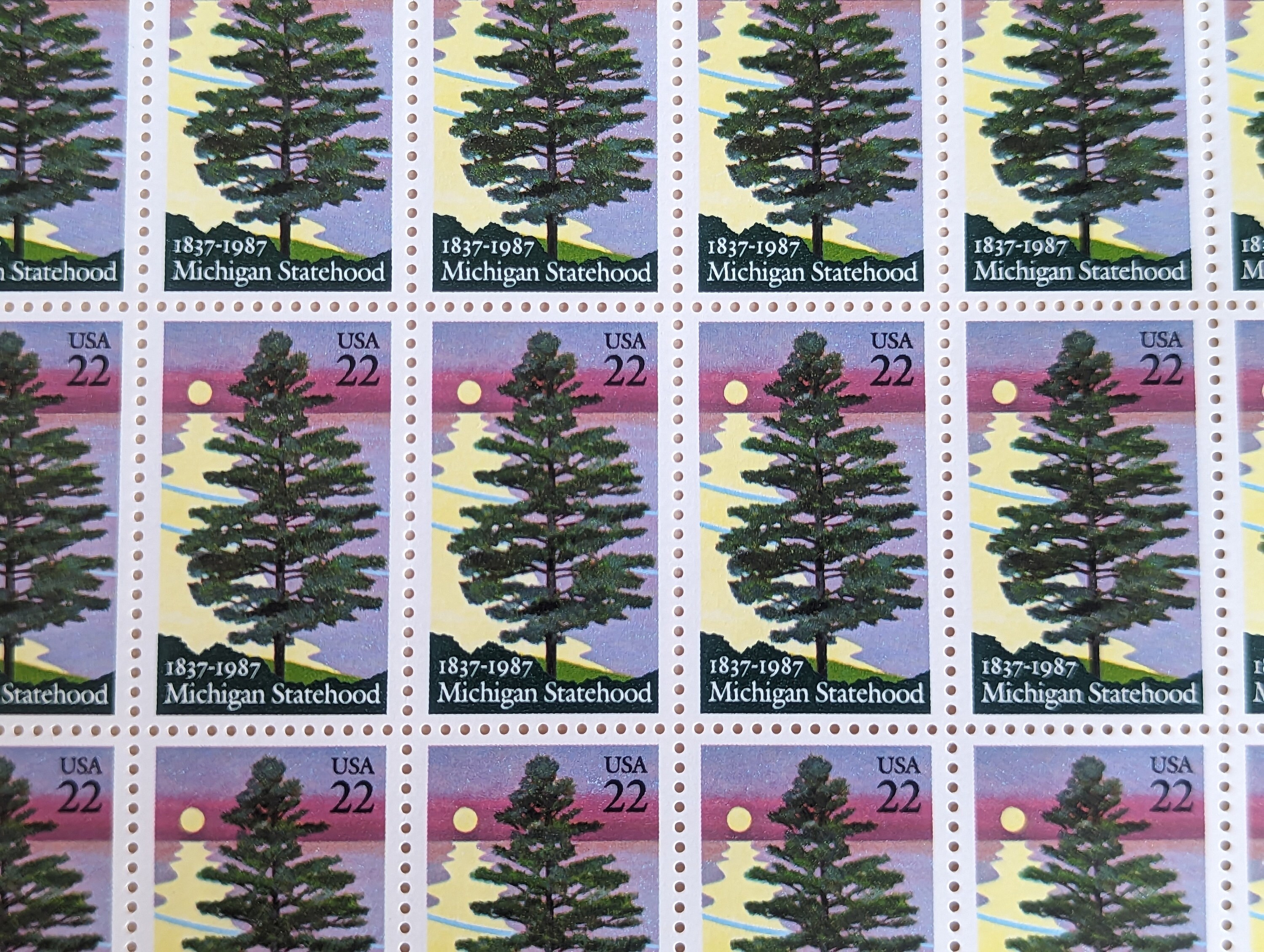 Sheet of 50 Michigan Statehood Stamps, 1986 Unused Postage Stamps, 22 ...