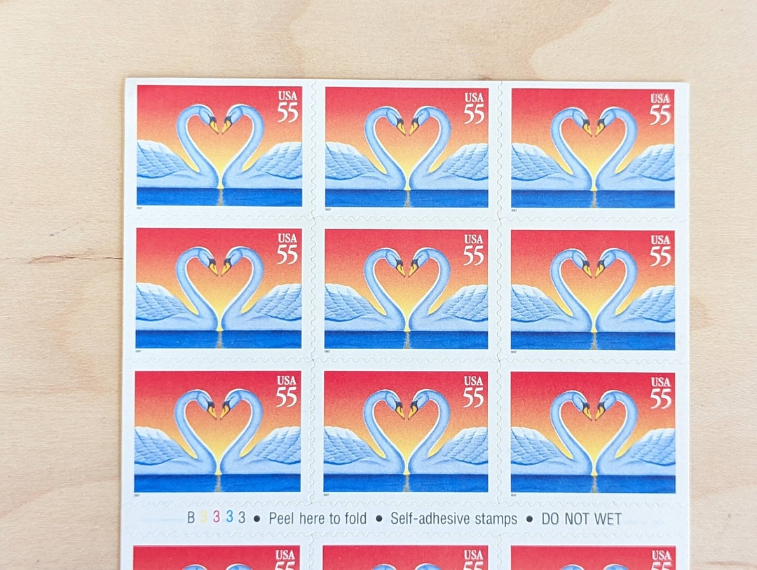 Sheet of 20 Swan Postage Stamps, 55 Cent Stamps, 1997, Heart Swan ...