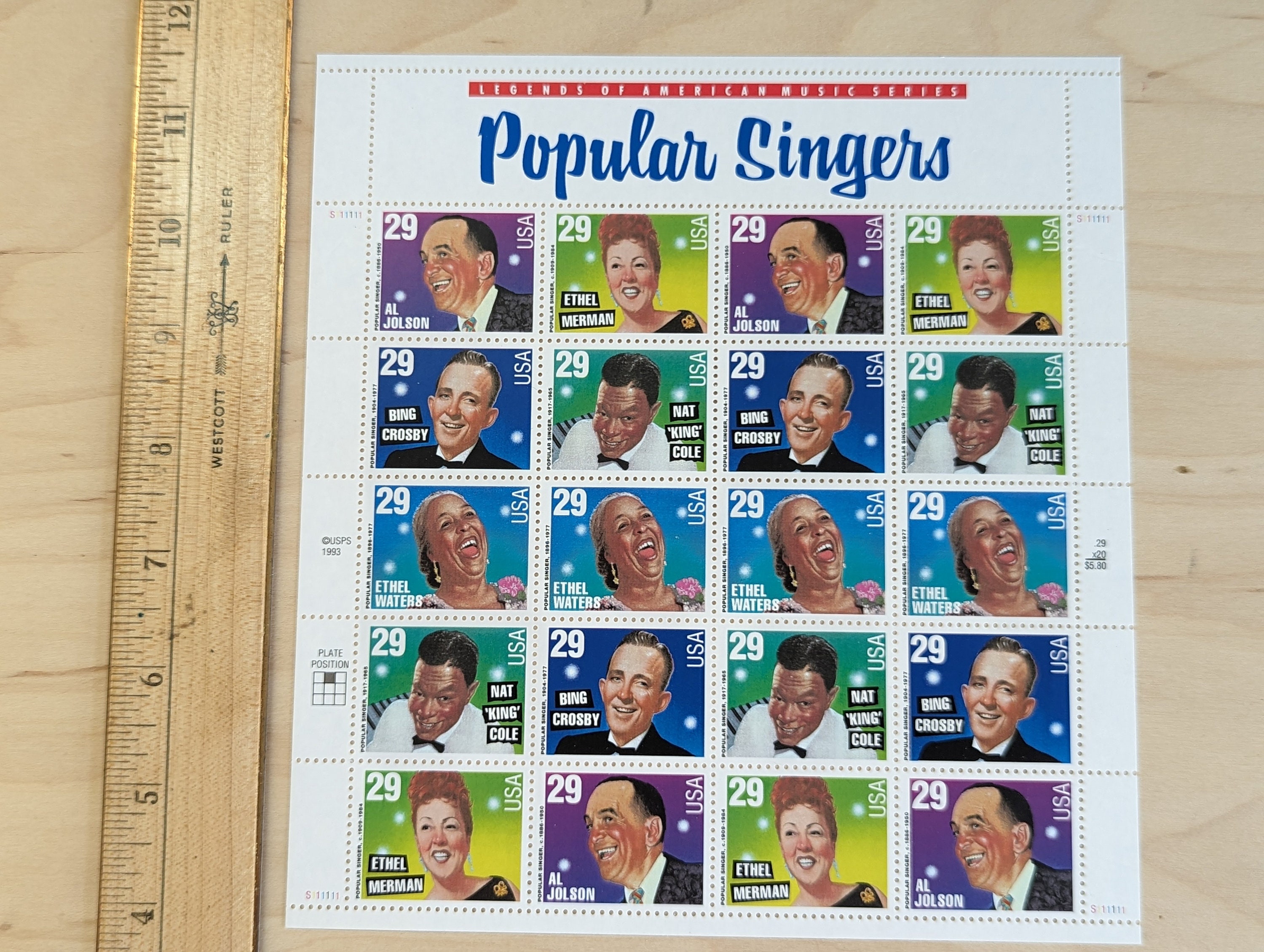 Sheet of Twenty Popular Singers 29 Cent Stamps, 1993, Ethel Merman, Nat ...