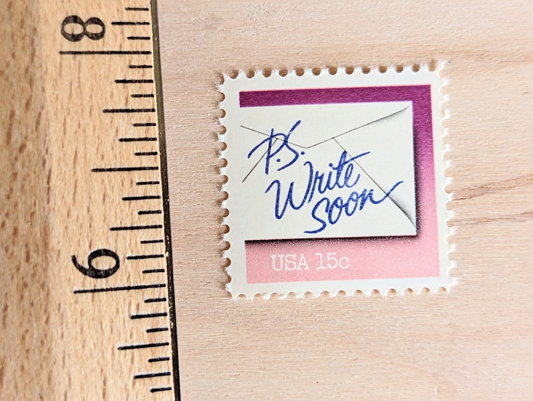 10 P.S. Write Soon Stamps, Purple and Pink, 1980 Unused Postage Stamps ...