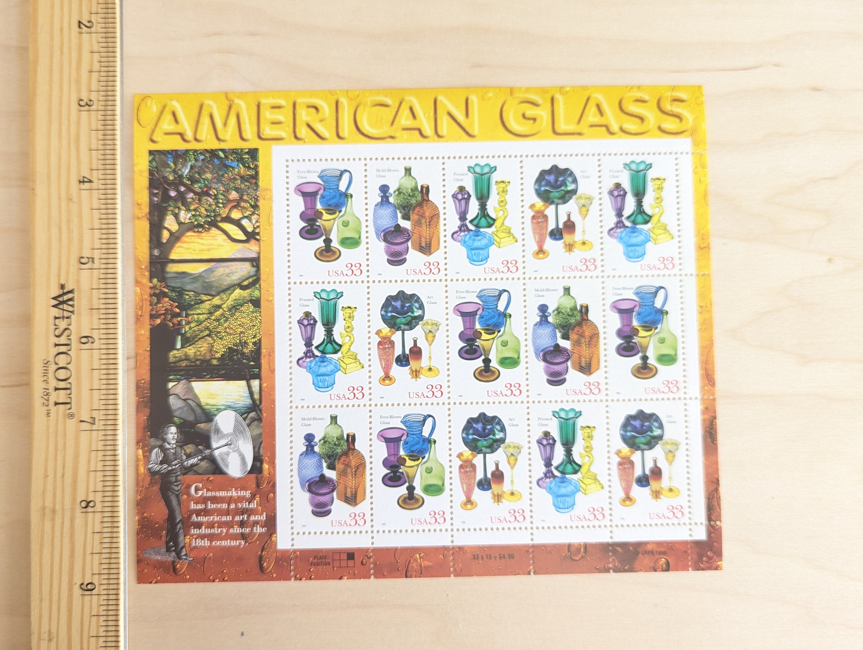 American Glass Unused Postage Stamp Sheet, 1998, Fifteen 33 Cent Stamps ...