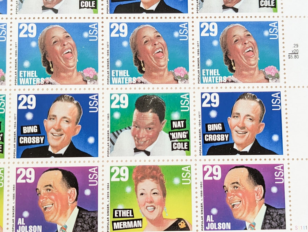 Sheet of Twenty Popular Singers 29 Cent Stamps, 1993, Ethel Merman, Nat ...
