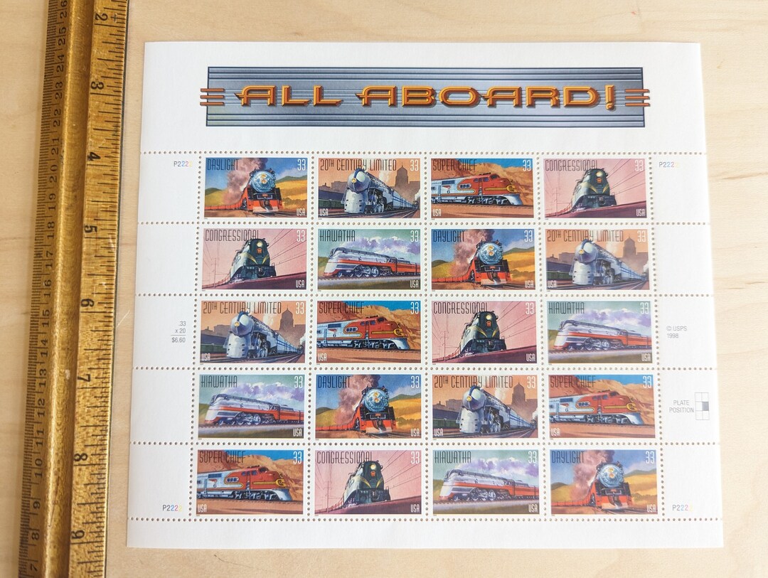 All Aboard Postage Stamp Sheet, 33 Cent Unused US Postage Stamps, Sheet ...