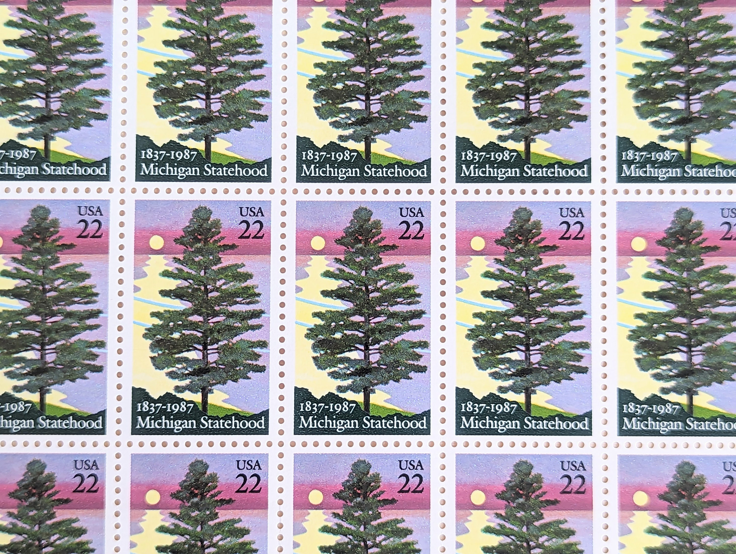 Sheet of 50 Michigan Statehood Stamps, 1986 Unused Postage Stamps, 22 ...