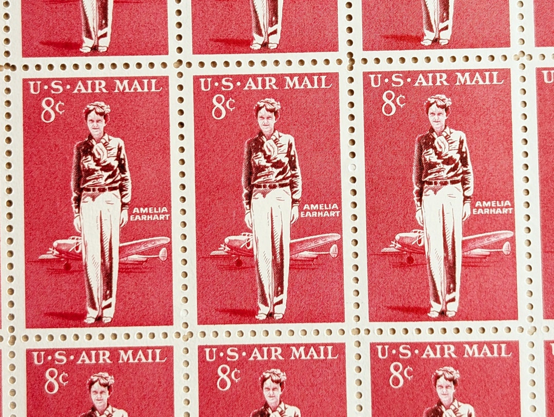 Sheet of 50 Amelia Earhart Air Mail Postage Stamps, 8 Cent Stamps, 1963 ...