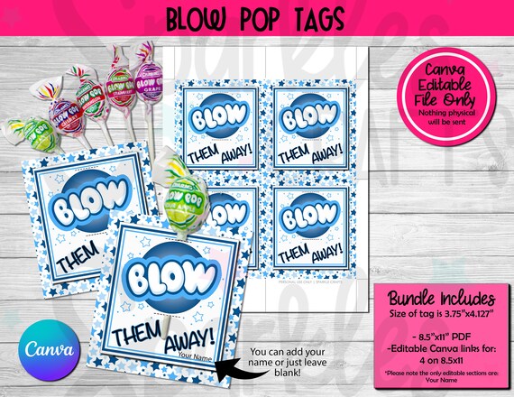 Blow Pop Tags Blow Them Away INSTANT EDITABLE DOWNLOAD - Etsy