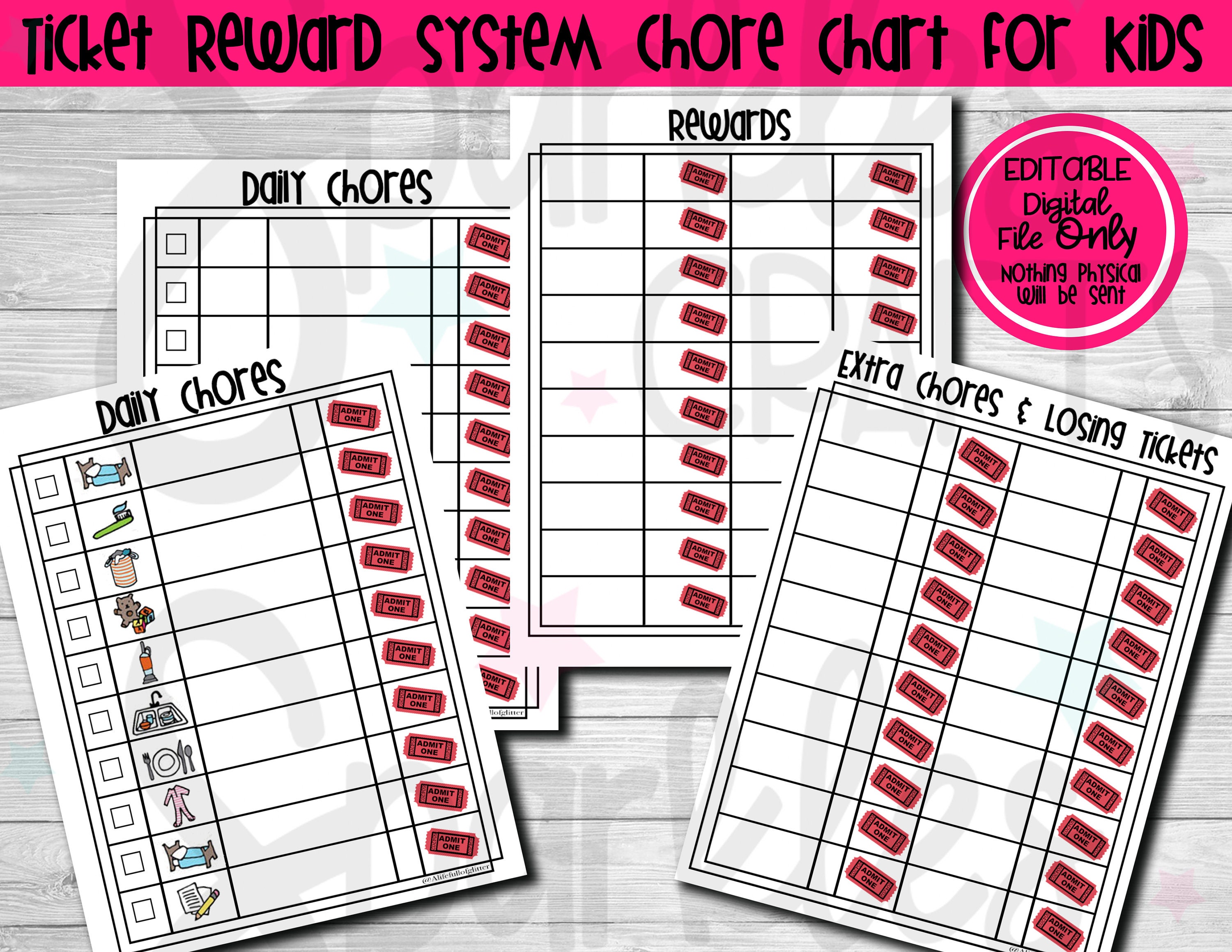 EDITABLE Reward Chore Chart for Kids - Ticket System EDITABLE - Etsy