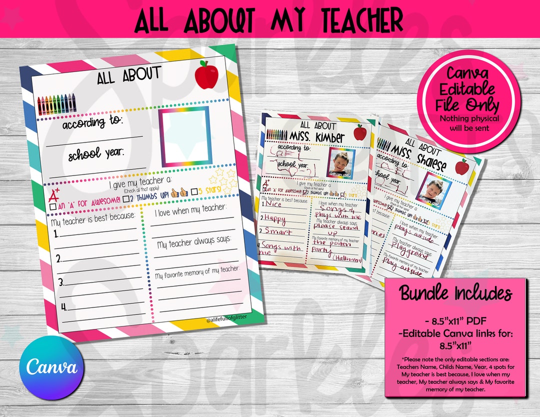 All About My Teacher | End of School Year | Teacher Appreciation Gift ...
