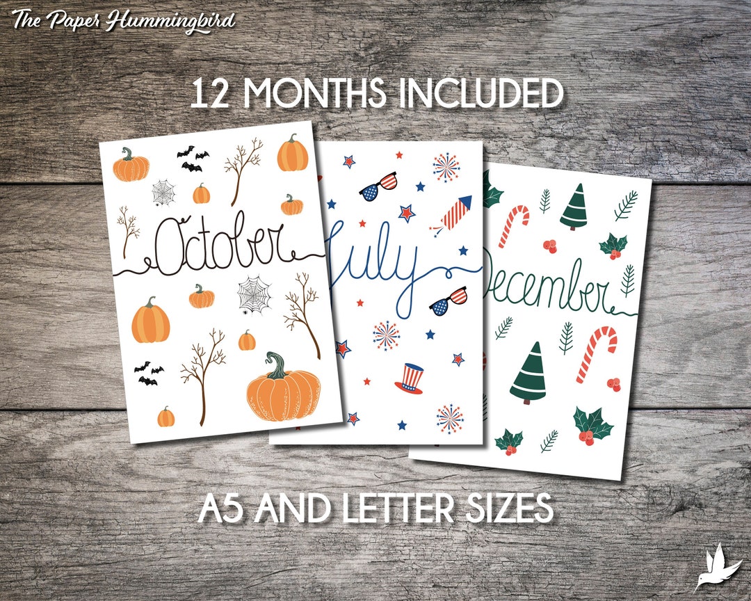 12 Monthly Cover Pages, A5 Journal Pages, Monthly Planner Cover Page ...