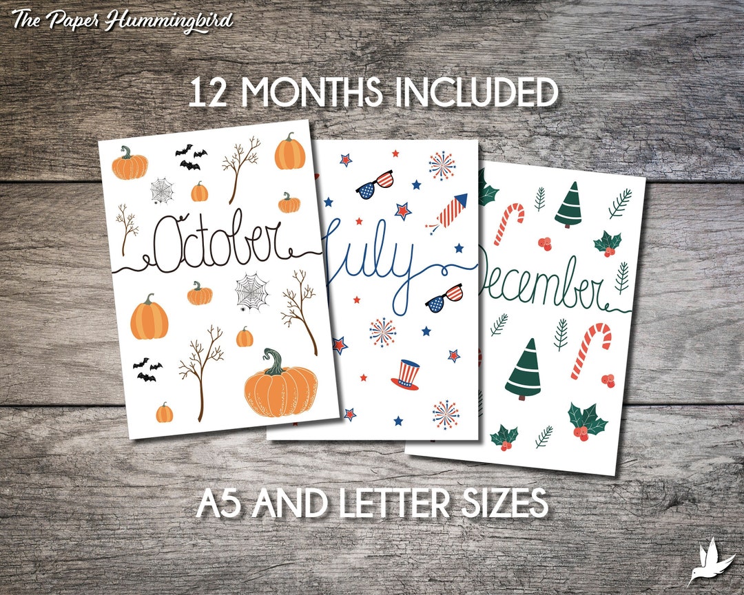 12 Monthly Cover Pages, A5 Journal Pages, Monthly Planner Cover Page ...