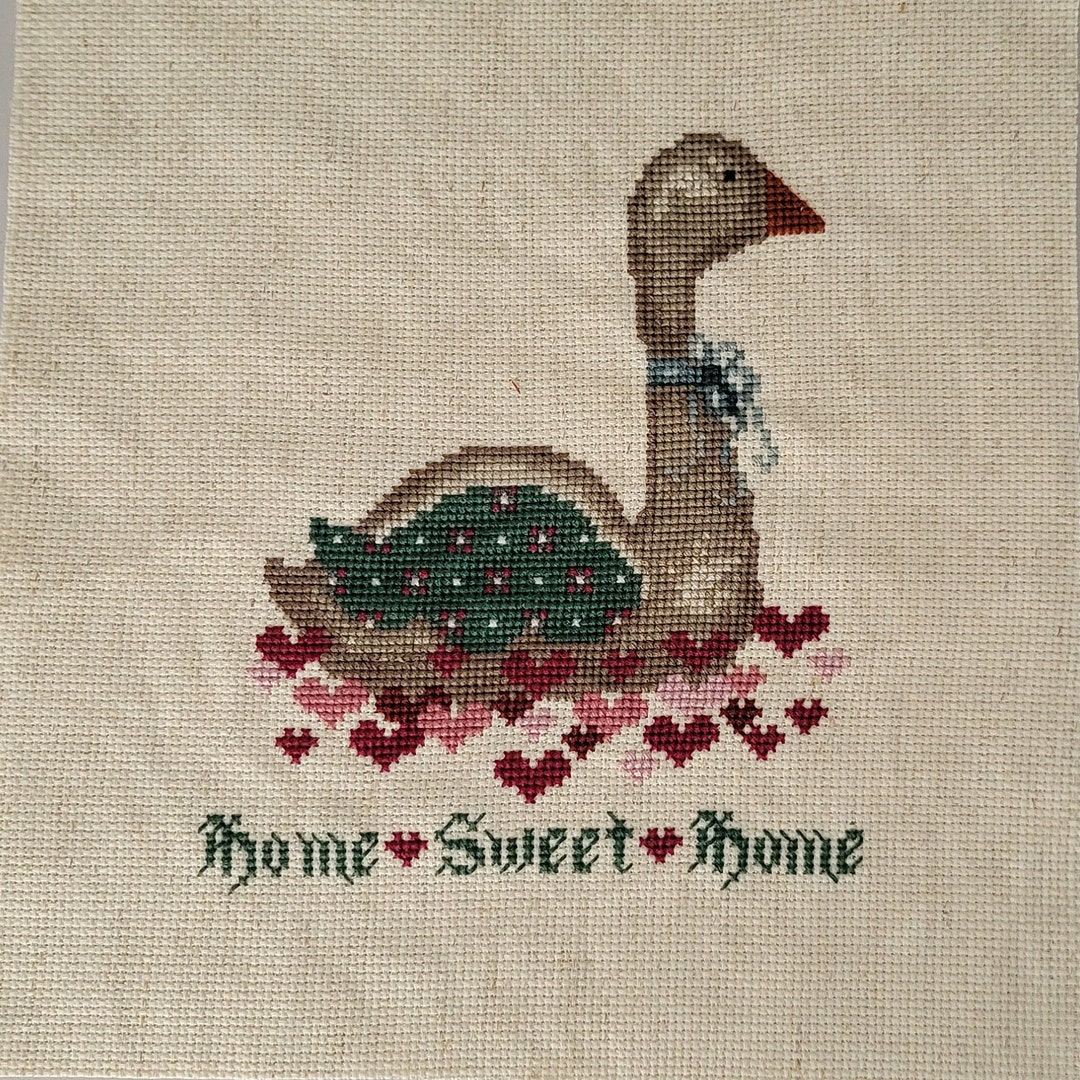 Completed Cross Stitch Block Home Sweet Home With Goose and Hearts ...