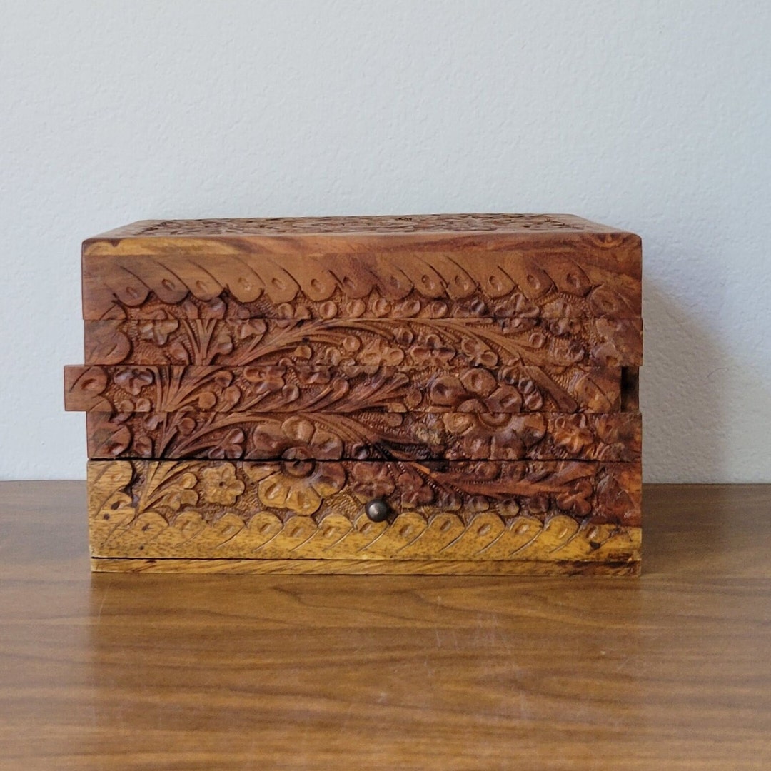 Secret Lock Wood Box, Chiseled Relief Floral Design Trinket Box With ...