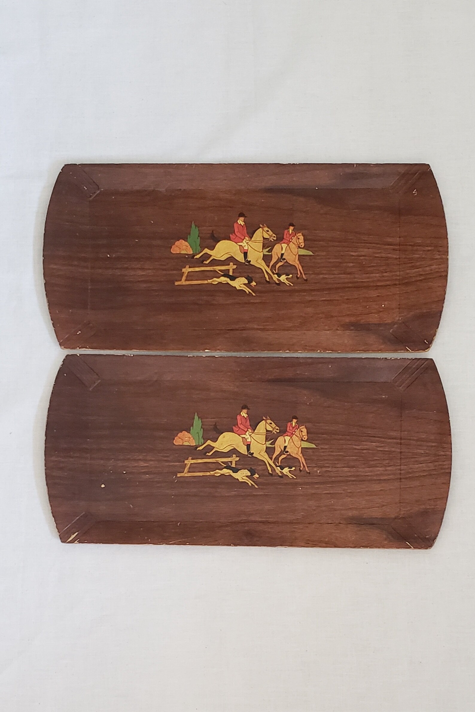 Two Hasko Wood Trays With Fox Hunt Lithograph Paper Design | Etsy