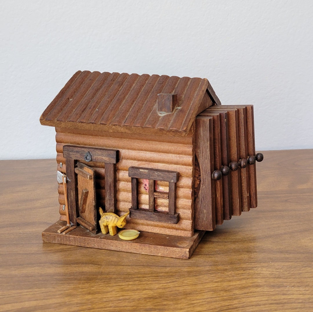 Wooden Cabin Coaster Set, Rustic Log House Cat on Porch Vintage Enesco ...
