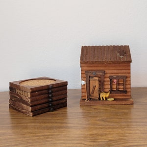 Wooden Cabin Coaster Set, Rustic Log House Cat on Porch Vintage Enesco ...
