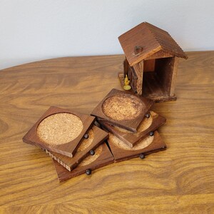 Wooden Cabin Coaster Set, Rustic Log House Cat on Porch Vintage Enesco ...