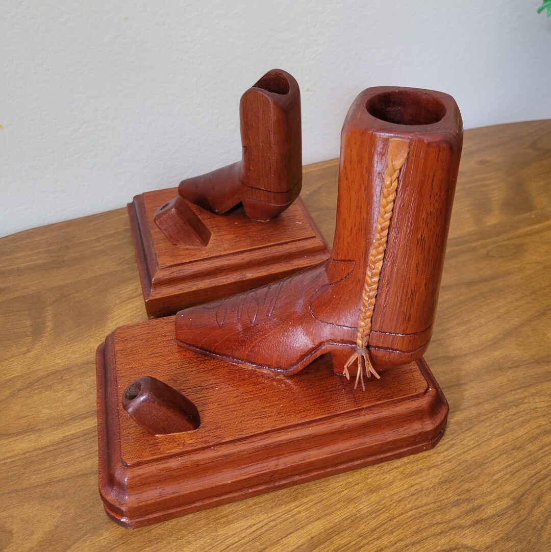 Carved Wood Western Boots Vintage Desk Organization Pen Pencil Holder ...