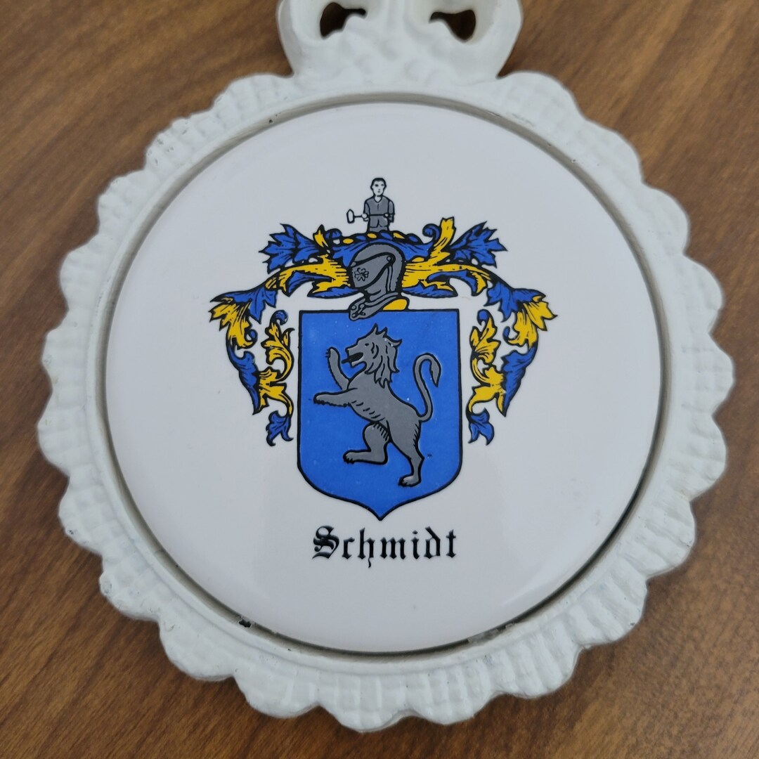 Family Crest Trivet Schmidt, Vintage Yellow and Blue Lion Coat of Arms ...