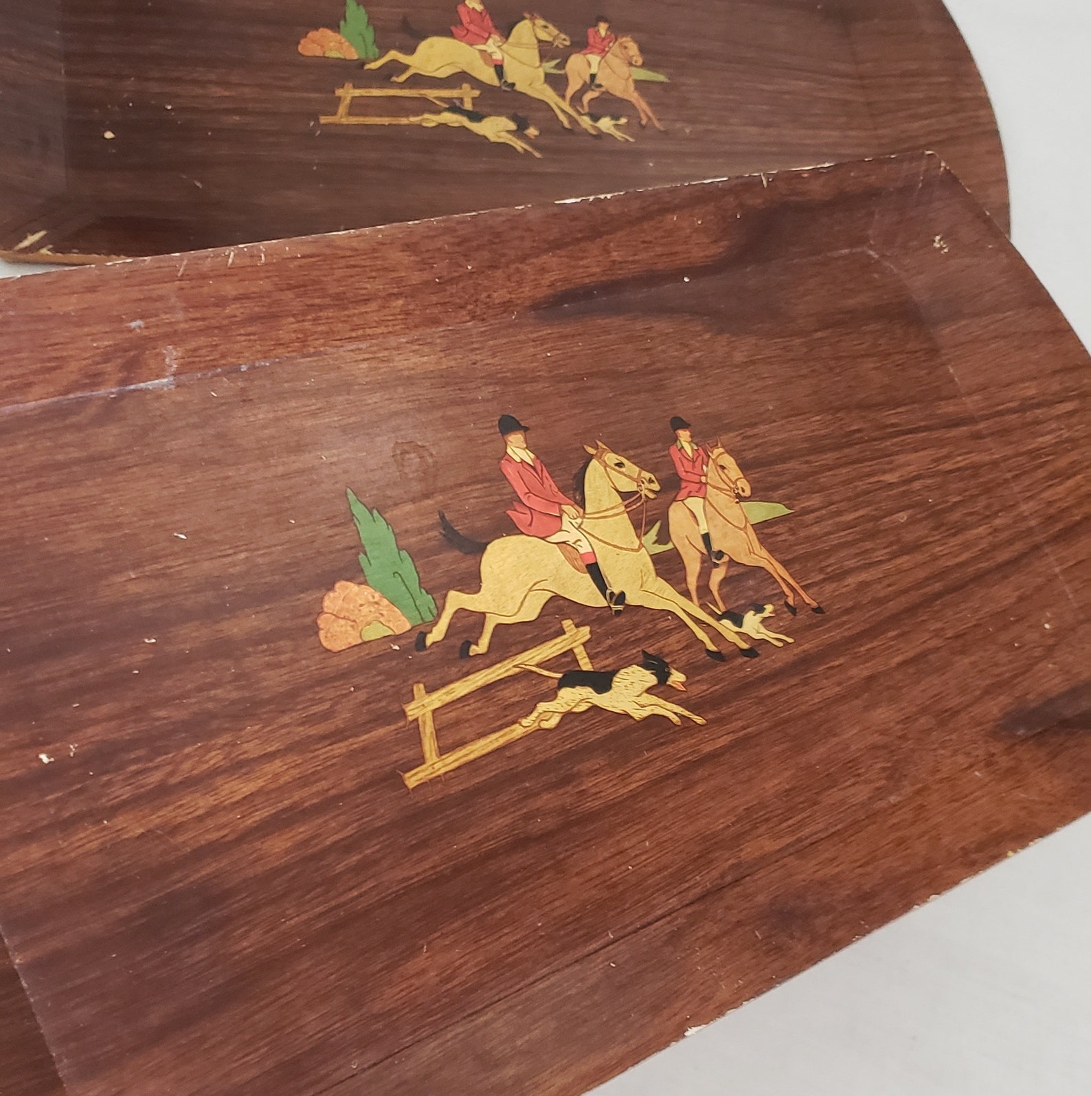 Two Hasko Wood Trays With Fox Hunt Lithograph Paper Design | Etsy
