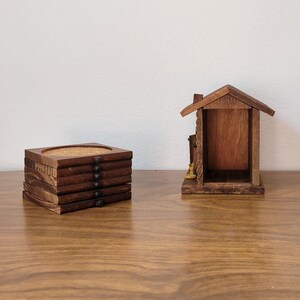 Wooden Cabin Coaster Set, Rustic Log House Cat on Porch Vintage Enesco ...