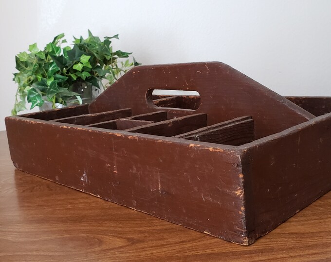 Wood Tool Box Tray With Handle, Vintage Primitive Divided Wooden Caddy ...