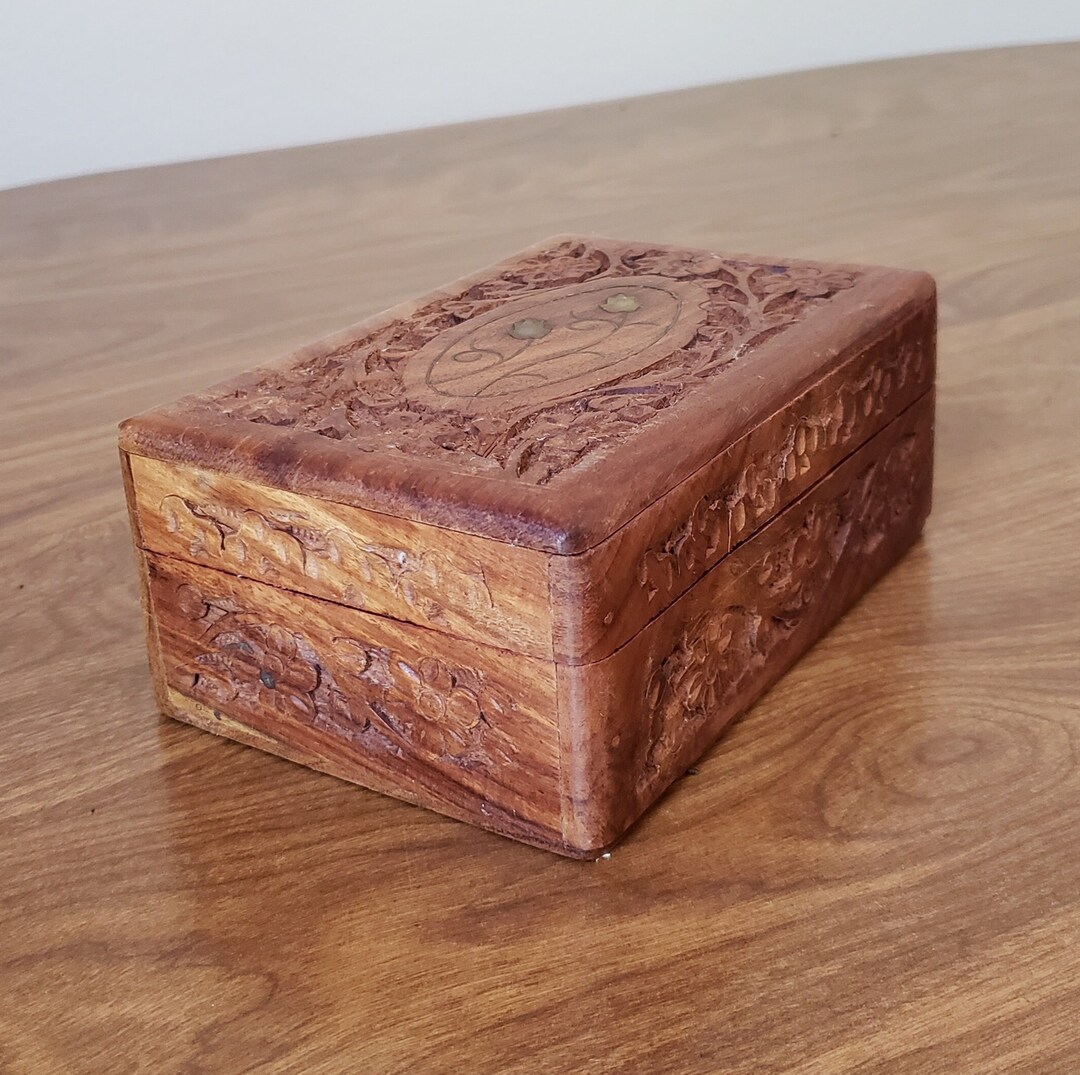 Wood Box Brass Inlay, Vintage Small Floral Design Wooden Box - Etsy