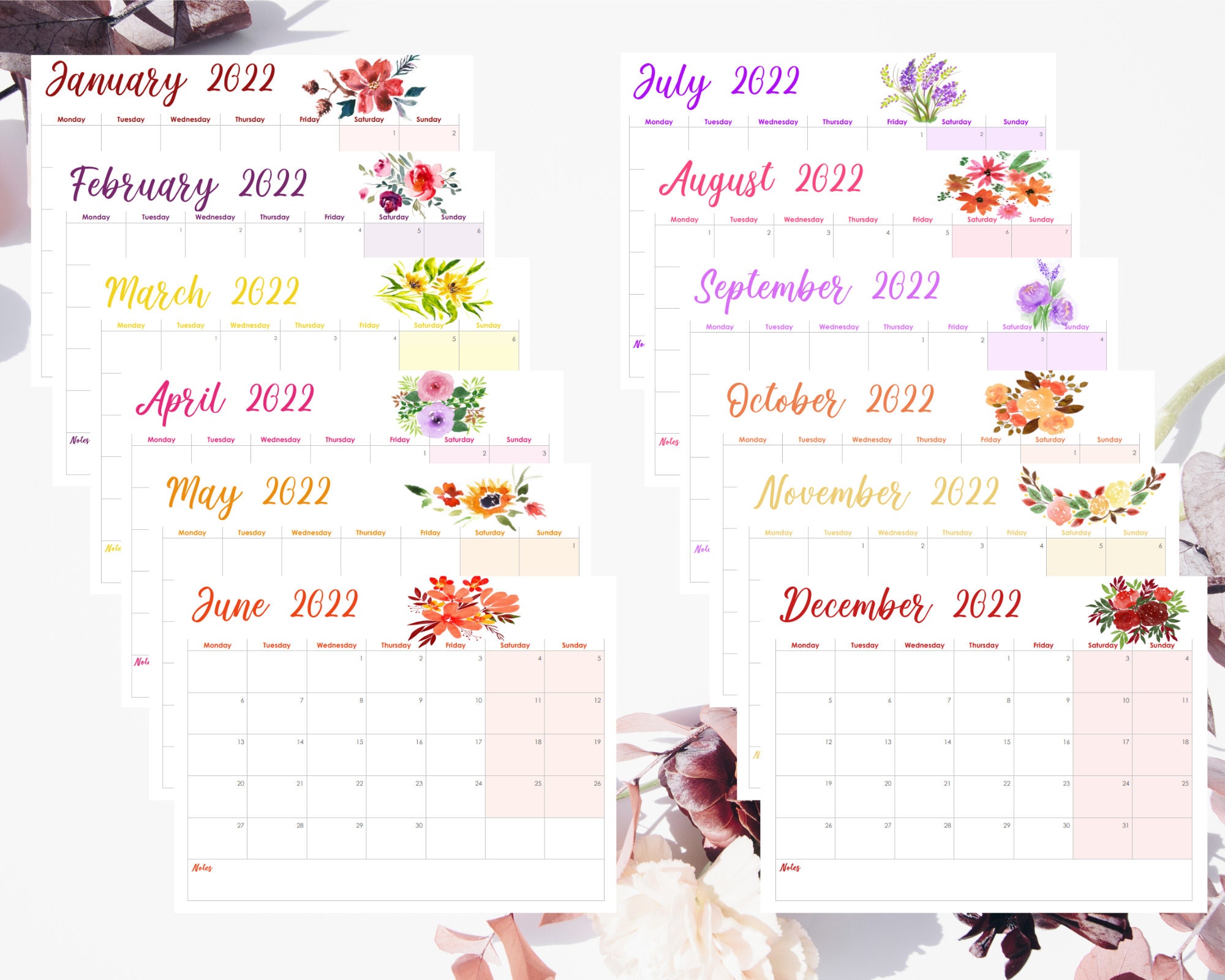 2022 Monthly Calendar Printable Planning Calendar 2022 | Etsy