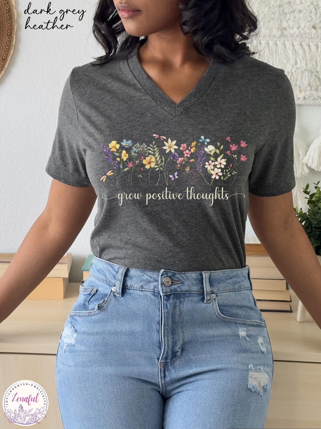Grow Positive Thoughts V-neck T-shirt, V Neck Top Women, Botanical ...