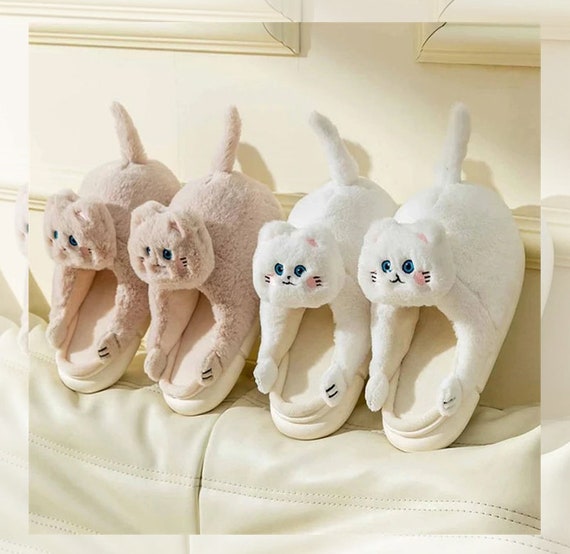 Fluffy Cat Slippers For Men Or Women, Kawaii Floor Shoes, Super Cute ...