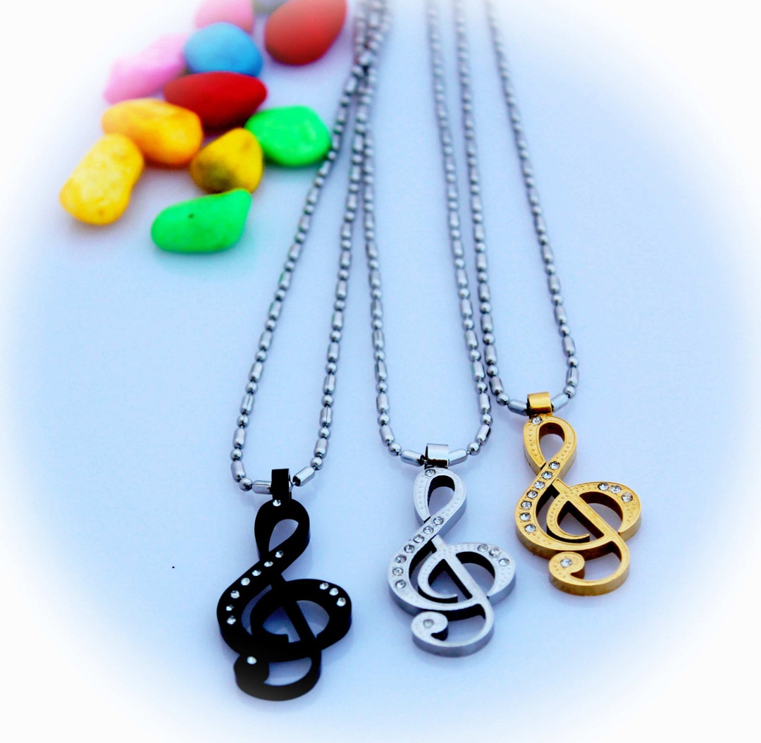 Treble Clef Necklace in Stainless Steel With CZ Stones - Etsy