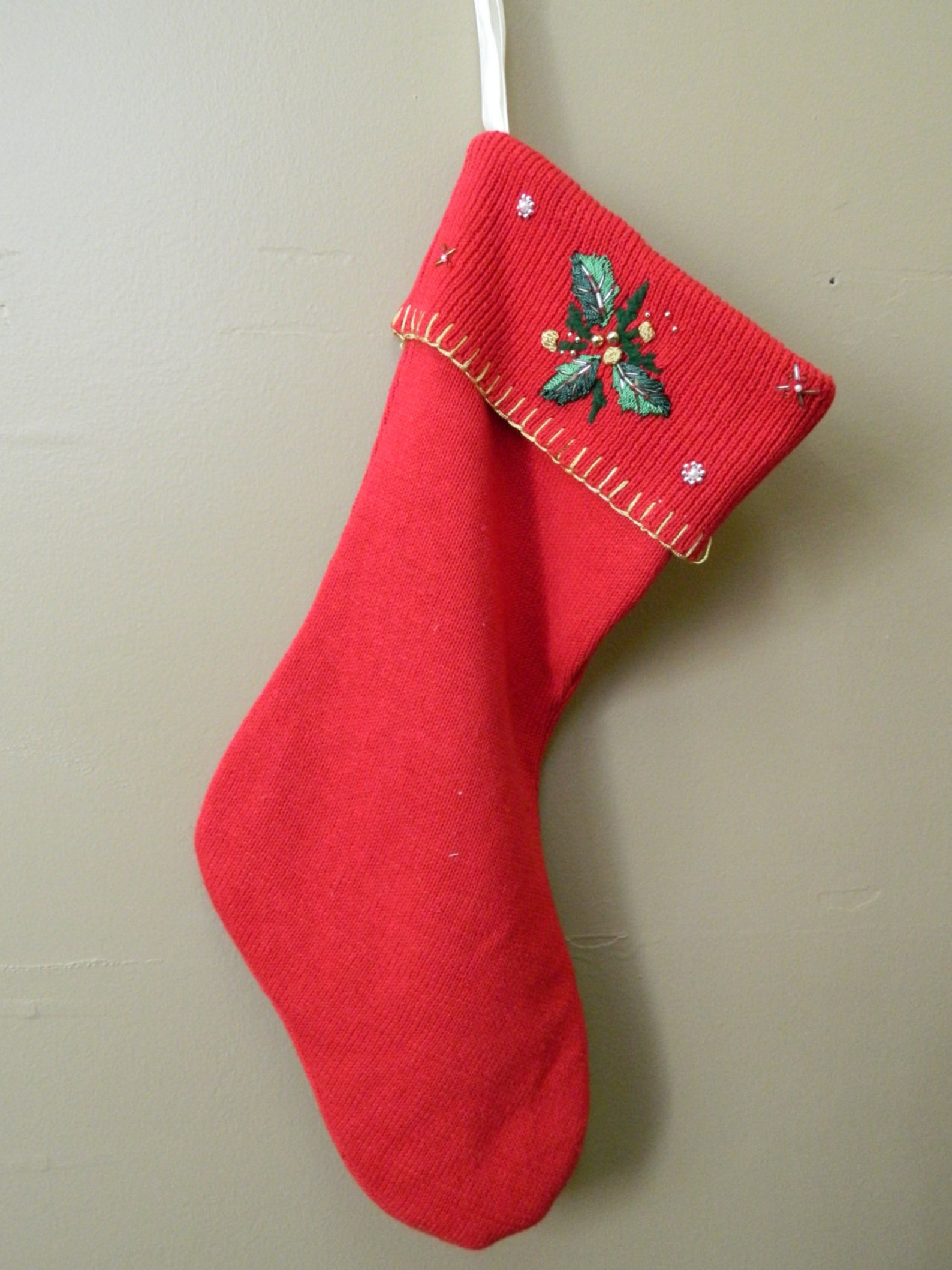 Christmas Stocking Holly Berry Red Beaded,cuff,handmade xmas holiday ... Christmas Stocking Holly Berry Red Beaded,cuff,handmade xmas holiday ...