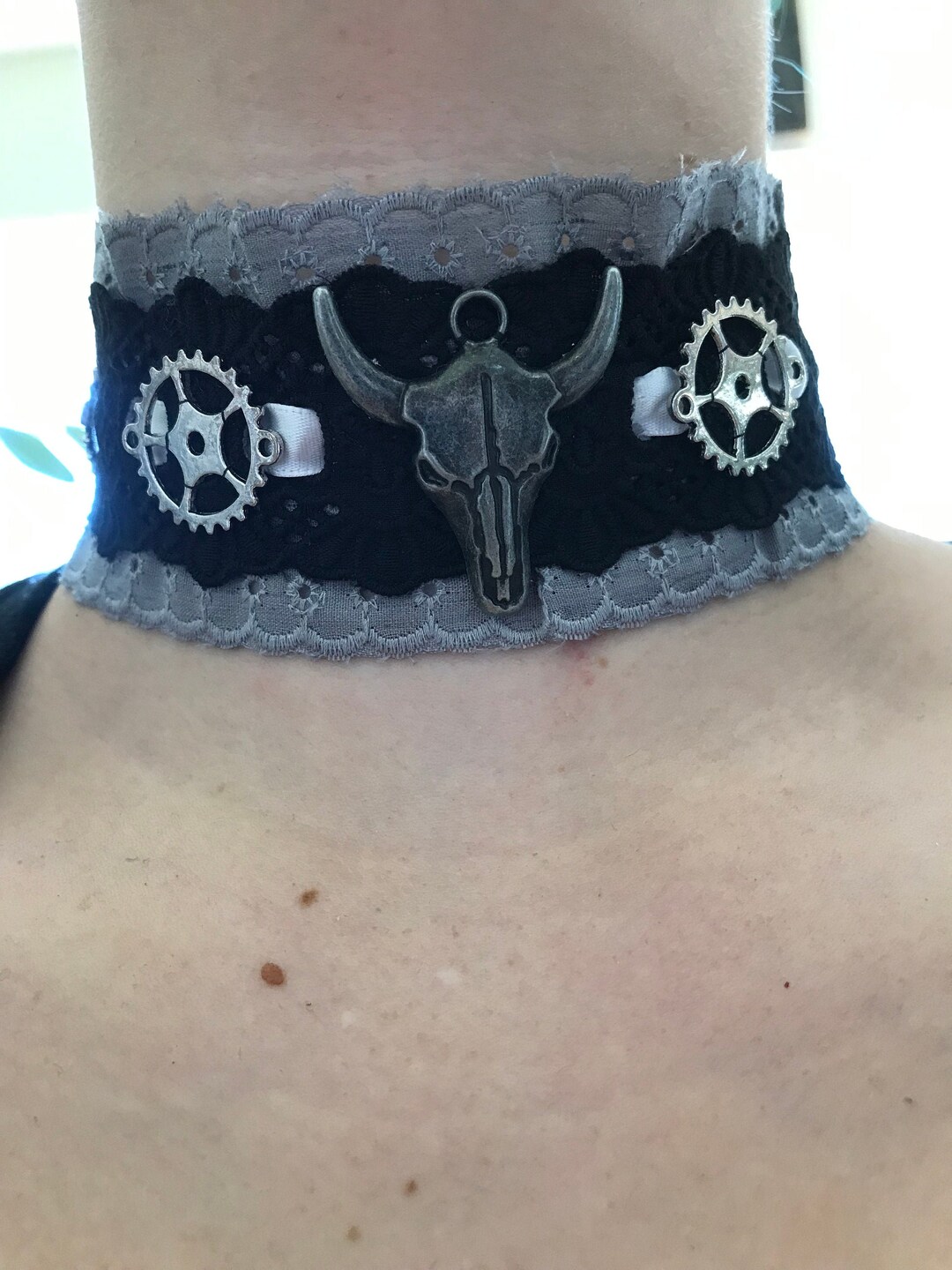 Black Lace Dark Metal Cow Skull Choker With Silver Gears - Etsy