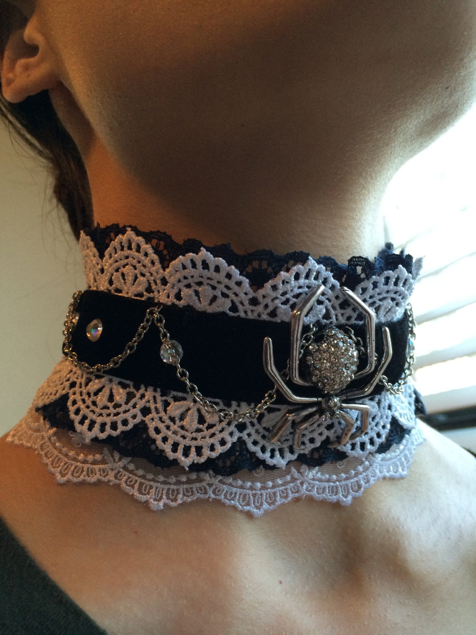 Black and White Lacy Rhinestone Spider With Chains Choker Necklace - Etsy