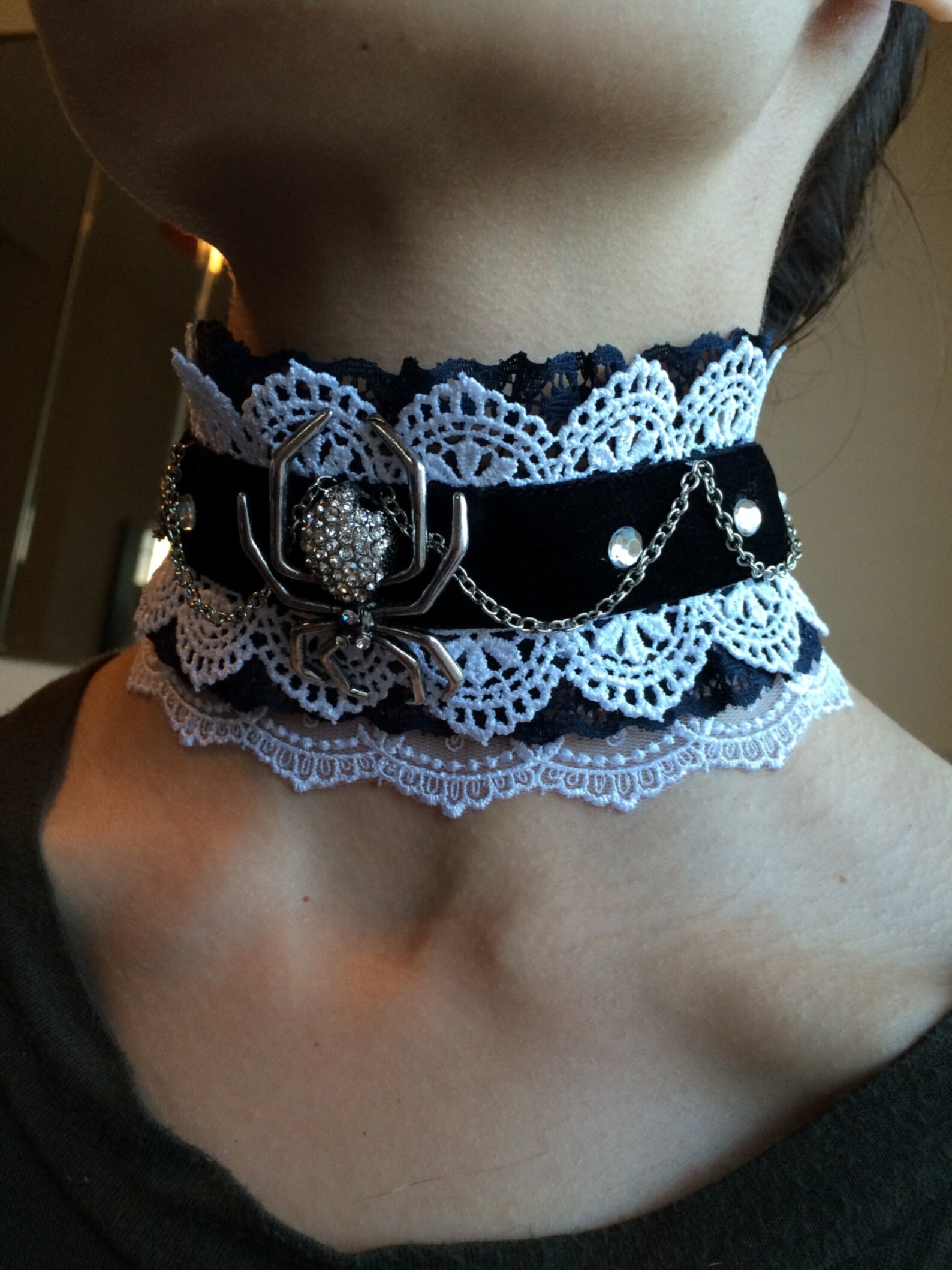 Black and White Lacy Rhinestone Spider With Chains Choker Necklace - Etsy