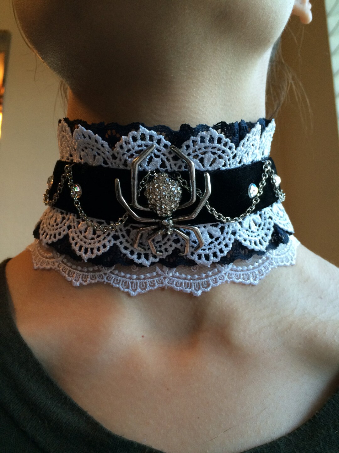 Black and White Lacy Rhinestone Spider With Chains Choker Necklace - Etsy